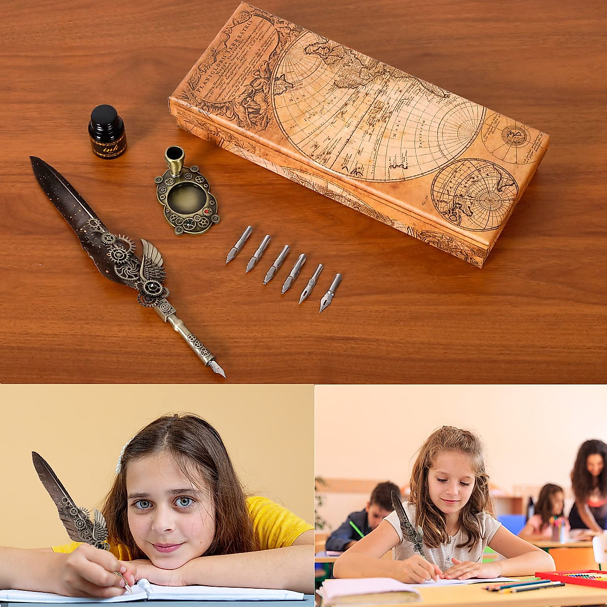 Feather Pen Set,Calligraphy Fountain Dip Feather Pen and Ink Set for Writing,Christmas Gift for Handwriting Lovers Birthday Gift,Luxury Vintage Signature Pen-Grey