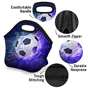 Insulated Neoprene Lunch Bag for Women Men Kids Purple Soccer Ball Sport Football Lunch Box Reusable Small Lunch Tote Bag Cooler Bag for School Work Picnic