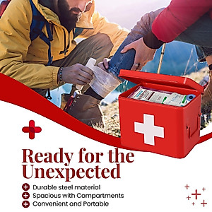 Flexzion First Aid Box Organizer, Empty 8.5 Inch Red Vintage First Aid Kit Tin Metal Medical Box First Aid Storage Box Container Bins with Dividers, Removable Tray and Cross Logo