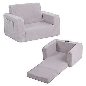 Tiita Kids Sofa, 2-in-1 Kids Sofa Chair, Convertible Children Couch to Lounger, Flip Out Kids Sofa Chair, Toddler Armrest Chair Bed, Folding Kids Play Sofa for Girl or Boy (Grey)
