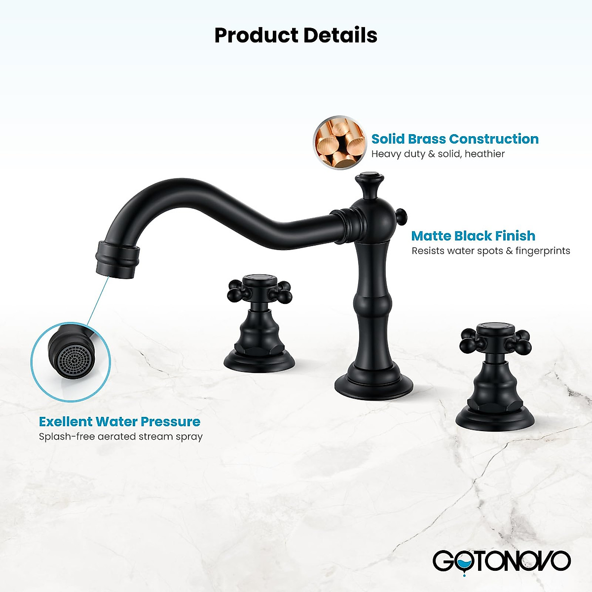 gotonovo 3 Hole Widespread Bathroom Sink Faucet Double Cross Handle Mixer Tap Faucet for Bathroom Sink Vanity Faucet Deck Mount Basin Hot Cold Water Matching Pop Up Drain Matte Black