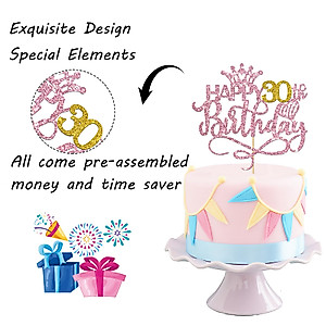 Happy 30th Birthday Cake Topper for Women, Pink & Gold Glitter 30th Birthday Cake Supplies, 30th Anniversary Party Cake Decorations