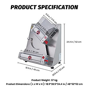 Hakka Pizza Dough Roller Sheeter - Adjustable Thickness and Size, Transparent Covers, 304 Stainless Steel, 370W, 110V