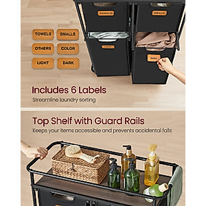 VASAGLE Laundry Sorter, Laundry Basket with Wheels, 39.6 Gal. (150 L) Rolling Laundry Hamper, Portable Laundry Cart with Shelf, 4 Removable Liners and 6 Labels, Ink Black and Chestnut Brown URLS100B01
