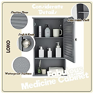LOKO Bathroom Wall Cabinet, Bathroom Cabinet Wall Mounted with Single Shutter Door and Adjustable Shelf, Small Medicine Cabinet for Living Room, Kitchen or Entryway, 16.5 x 6.5 x 27.5 inches (Grey)