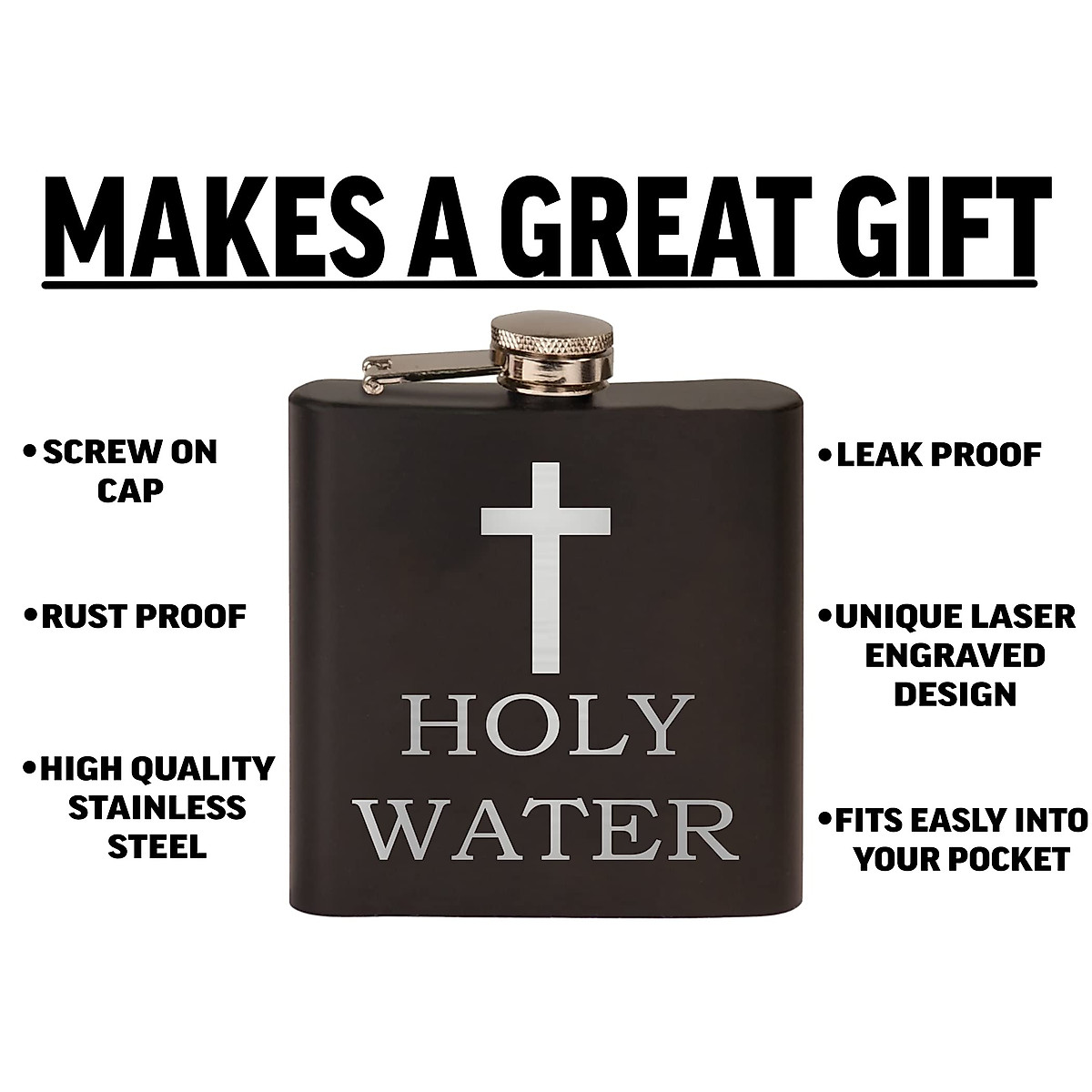 Rogue River Tactical Funny Holy Water Stainless Steel Hip Flask Premium Matte Black Makes a Great Gift For Him Dad Father Gag Joke Gift