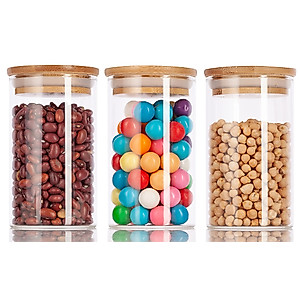 JUVITUS 10 oz Clear Glass Tall Jar with Wooden Bamboo Lid (3 Pack)