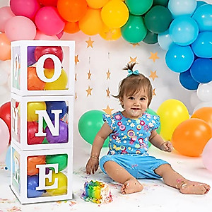 RUBFAC One Boxes for 1st Birthday, First Birthday Decorations for Boy Girls, 3pcs Baby Shower Boxes with 24pcs Balloons ‘ONE’ ‘TWO’ Letters for Birthday Backdrop, Cake Smash Photo Props