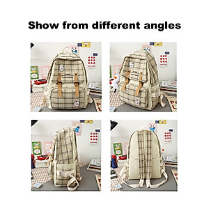 Hopecn Kawaii Backpack Set 5Pcs for Teen Girls Aesthetic School Bookbags with Cute Pendant Back to School Supplies.(Yellow)