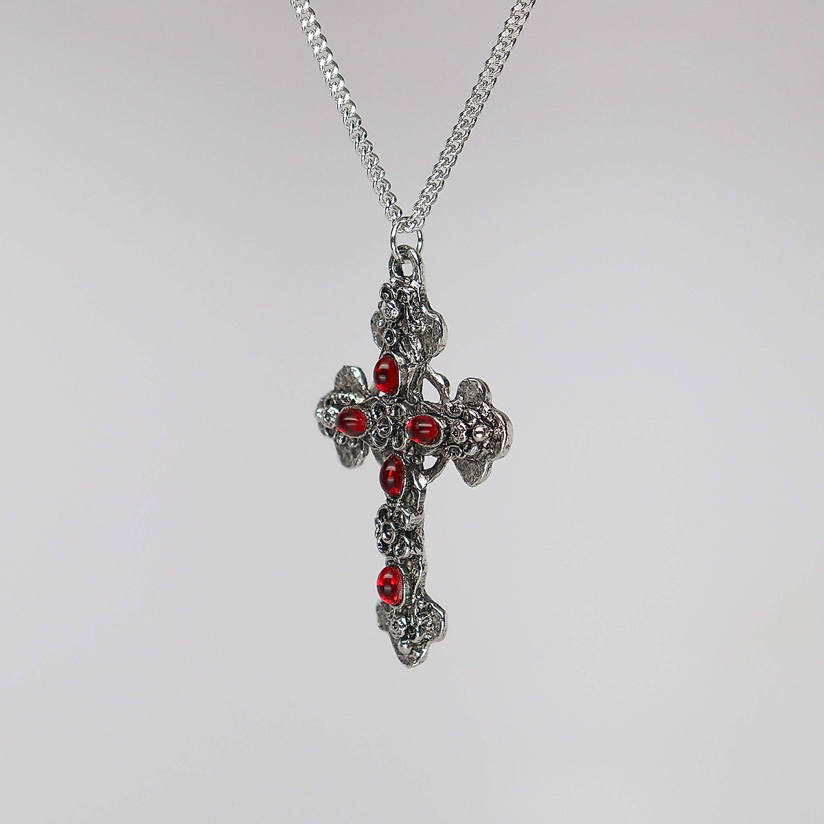 Gothic Filigree Cross with Red Stones Medieval Renaissance Pewter Pendant Necklace