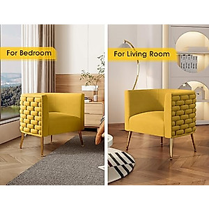 Dewhut Modern Velvet Barrel Accent Chair, Comfy Wide Handmade Woven Bucket Arm Chair, Fluffy Tufted Upholstered Single Sofa Chair for Living Room, Bedroom, Office, Waiting Room(Yellow)