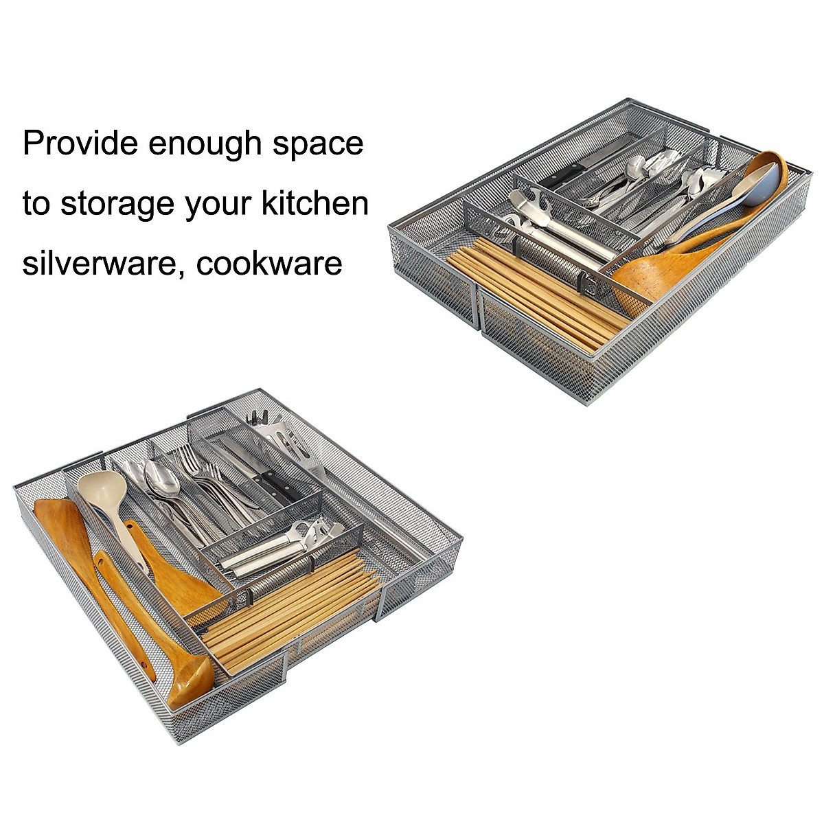 TQVAI Expandable Kitchen Drawer Organizer, 8+2 Compartments Mesh Silverware Utensils Holder, Adjustable Cutlery Flatware Tray, Silver