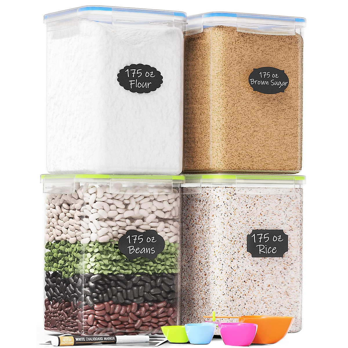 Chef's Path Food Storage Containers - Pantry Organization and Storage - Great for Flour, Sugar, Baking Supplies - Airtight Kitchen Bulk Food Canisters - BPA-Free - 6 PC Set - Spoons, 8 Labels & Pen
