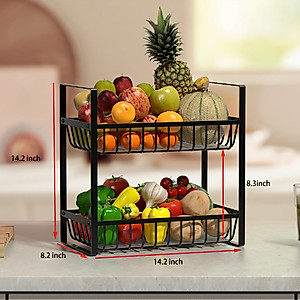 Webtrylics Fruit Basket for Kitchen Counter,Fruit Bowl,Countertop Organizer for Onion Bread and Snack Storage,Heavy Duty Metal Fruit Stand Holder with Liners (2 Tier)