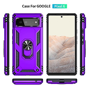 Androgate Designed for Google Pixel 6 Case with HD Screen Protectors, Military-Grade Metal Ring Holder Kickstand 15ft Drop Tested Shockproof Cover Case for Pixel 6 Purple