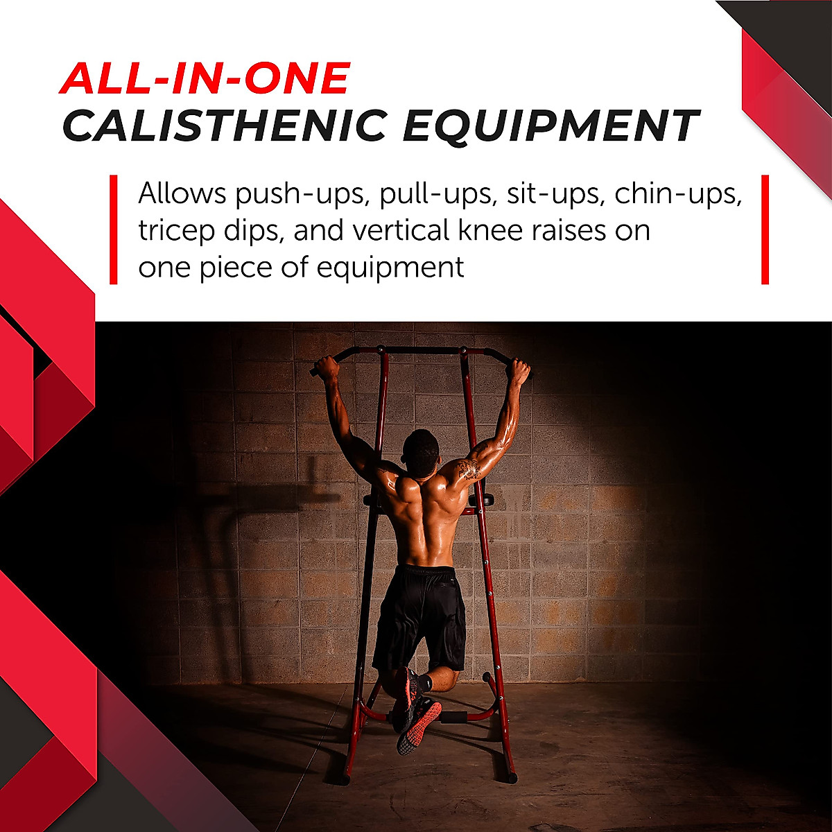 Stamina X Power Tower with VKR - Dip Bar Pull Up Bar Station with Smart Workout App - Dip Bars for Home Workout - Up to 250 lbs Weight Capacity - Red