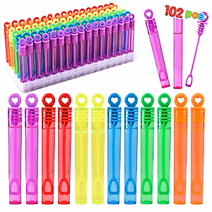 JOYIN 102 Pcs 6 Colors Mini Bubble Wands Bulk Party Favors Assortment Toys for Kids, Carnival Prizes, Wedding, Outdoor Gifts for Girls & Boys, Easter Basket Stuffers Goodie Gift Bag Stuffer Fillers