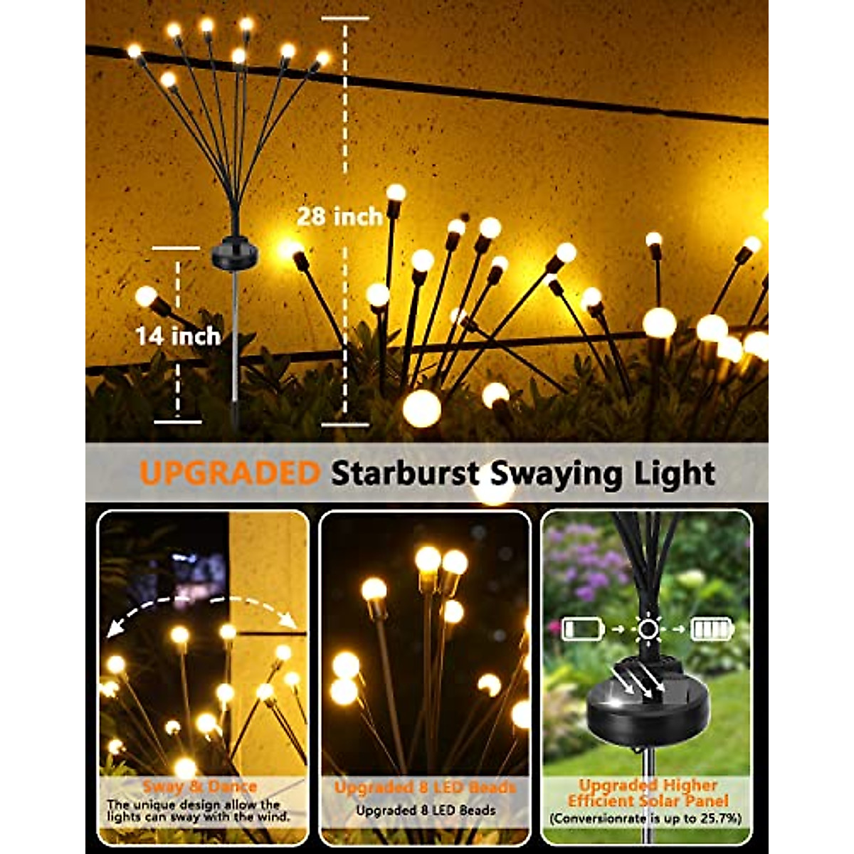 Otdair Solar Garden Lights-New Upgraded 4 Pack 8 LED Solar Powered Firefly Lights 4 Pack Solar Firefly Lights Outdoor Waterproof Vibrant Garden Lights for Patio Pathway Decoration,Warm White
