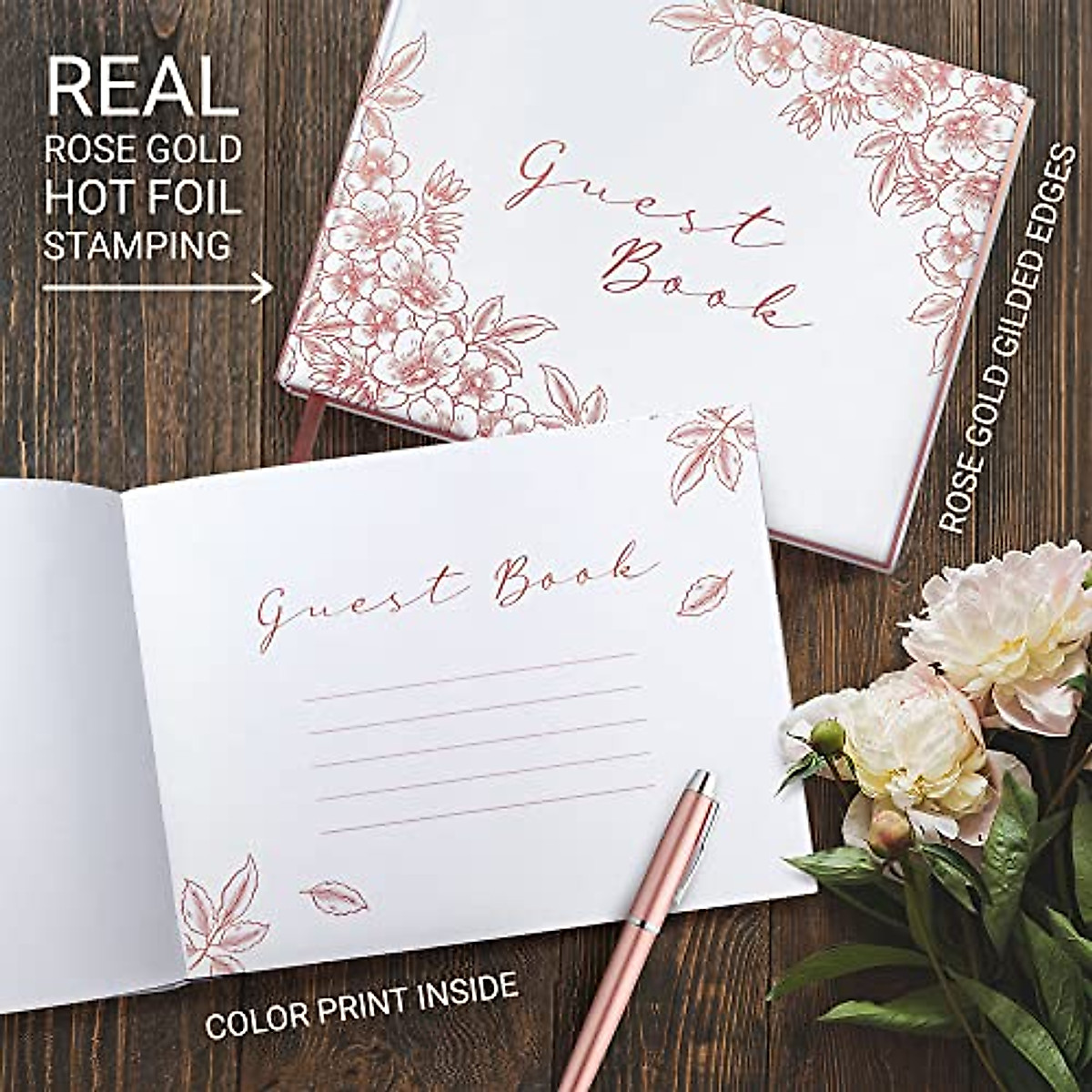 Floral Wedding Guest Book, Wedding Guestbook with Gold Pen, Guest Book Wedding Rose Gold Stamping, Bridal Shower Guest Book Rose Gold Paper Edge, Wedding Guestbook Alternative, Guestbook Wedding