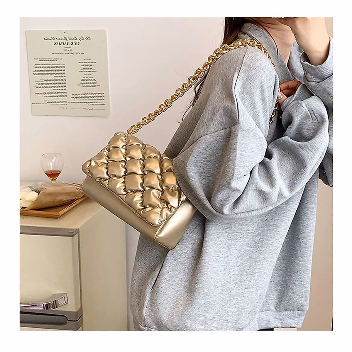 abigail paige Quilted Purse for Women Classic Shoulder Bag Designer Crossbody Bag with Chain Strap (Gold)