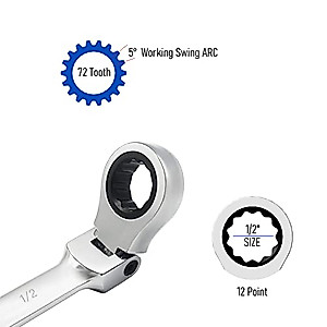 FOCMKEAS 1/2 Inch Flex-Head Ratcheting Combination Wrench SAE 72 Teeth 12 Point Ratchet Box Ended and Open End Spanner Tools, Flexible Head Gear Wrench, Heat-Treated CR-V