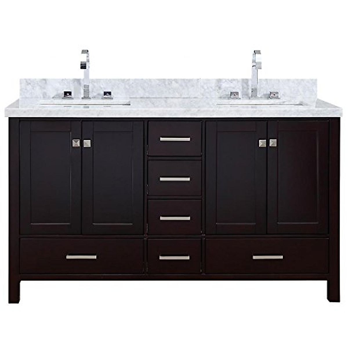 ARIEL Cambridge A061DCWRVOESP 61" Inch Double Sink Bathroom Vanity Cabinet in Espresso with Carrara White Marble Countertop Rectangular Sinks