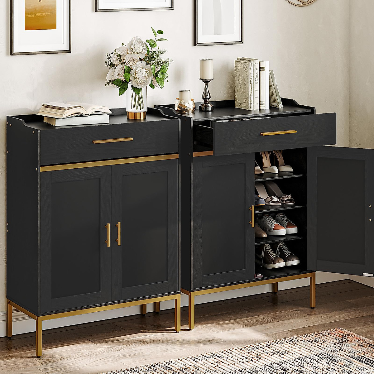 HOOBRO Shoe Storage Cabinet, Narrow Shoe Cabinet, Shoe Cabinet Storage for Entryway, Freestanding Shoe Organizer Cabinet, Shoe Rack Cabinet with Adjustable Shelves, Gold and Black DB14SC01