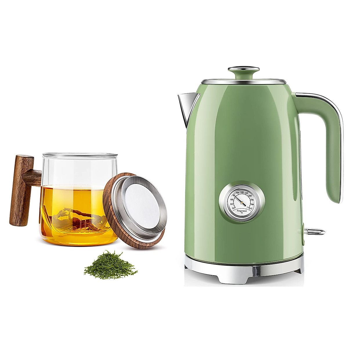 SUSTEAS 57oz Electric Kettle with Thermometer and SUSTEAS Tea Mug : Glass Teacup with Infuser and Lid, Clear Teacup for Tea Steeping at Home and Office, Clear (13.5oz)