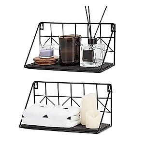 TIMEYARD Floating Shelves Wall Mounted, Set of 2 Black Wire Metal Wood Shelves, Modern Arrow Design Storage Shelf for Photo Frames, Small Plants, Bedroom, Dorm, Living Room, Bathroom, Kitchen, Small