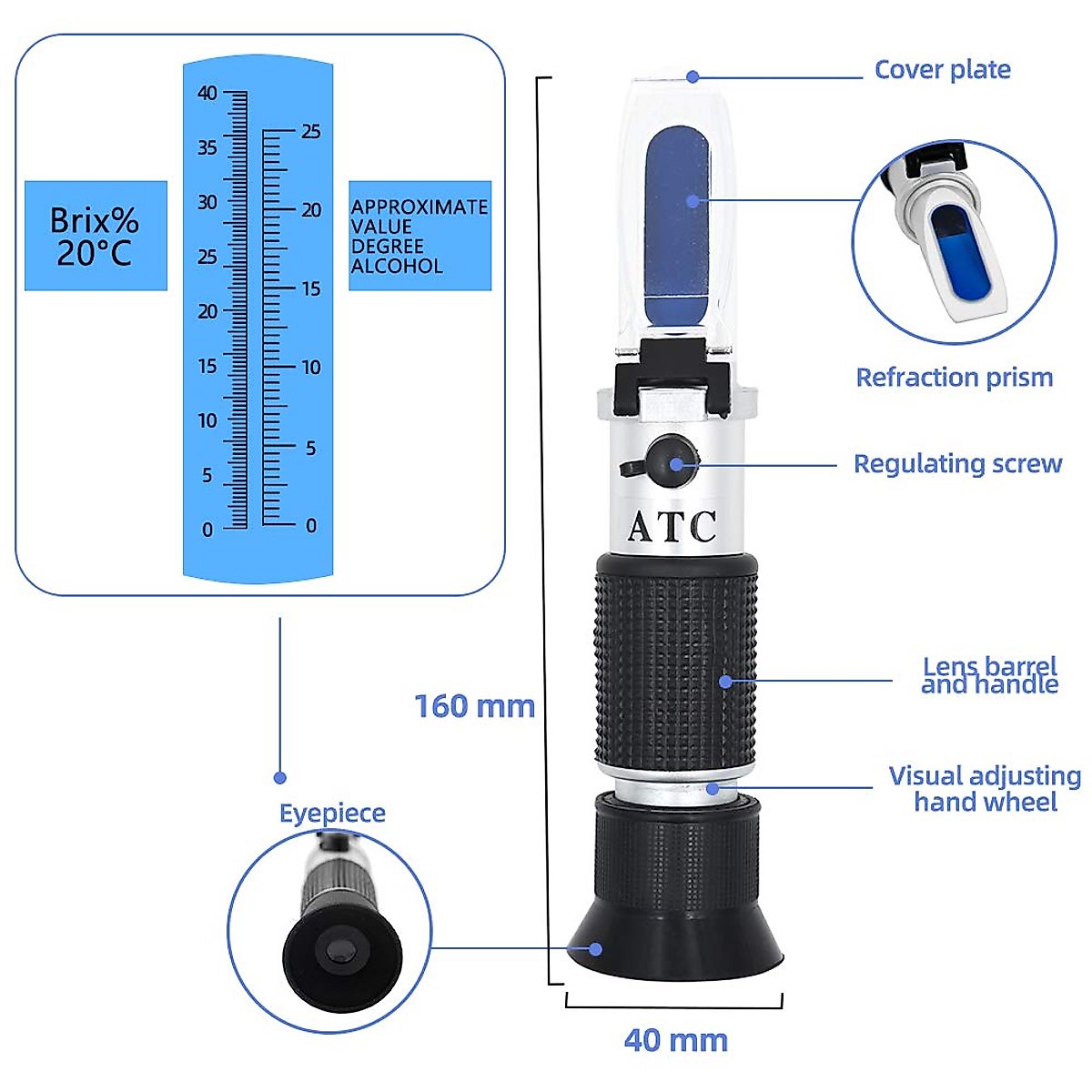 Abuycs Wine Refractometer for Testing Grape Wine Brewing, Wine Making, Measuring Sugar Content in Original Grape Juice, Predicting The Wine Alcohol Degree, Dual Scale of 0-40% Brix & 0-25% vol Alcohol