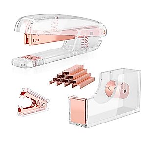 ALSISK Desk Accessory Kit,Acrylic Stapler Set, Tape Dispenser, Staple Remover with 1000pcs 26/6 Staples -Rose Gold