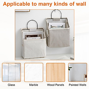 Voittozege 8 Pack Wall Hanging Storage Bag Waterproof Linen Cotton Hanging Storage Bags Wall Hanging Organizer bags with 10 Pieces Sticky Hooks for Bedroom Bathroom Kitchen