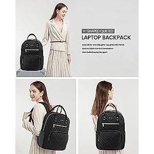 LOVEVOOK Quilted Laptop Backpack for Women, Large Capacity Travel Backpack with Luggage Strap, Stylish Women Backpack with USB Port, Waterproof Anti-Theft Work Backpack for Business Casual Black