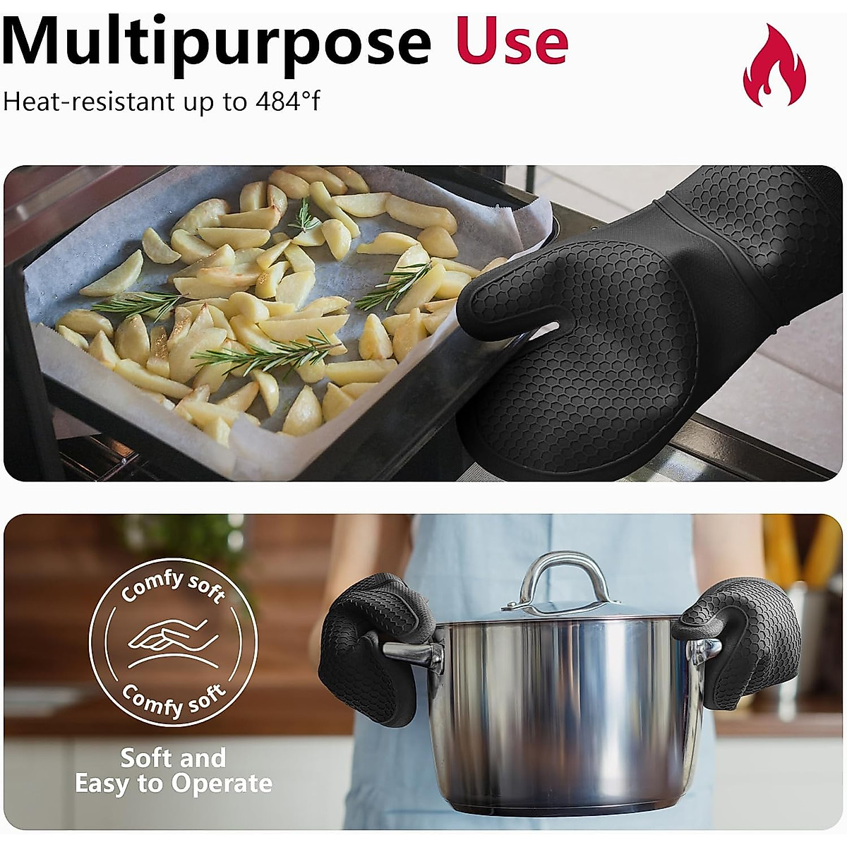 Extra Long Silicone Oven Mitts, Heat and Slip Resistant Oven Mitts with Soft Cotton Lining Non-Slip Textured Grip, Long Flexible Thick Gloves for BBQ, Baking, Cooking, 12.59 inches, Black