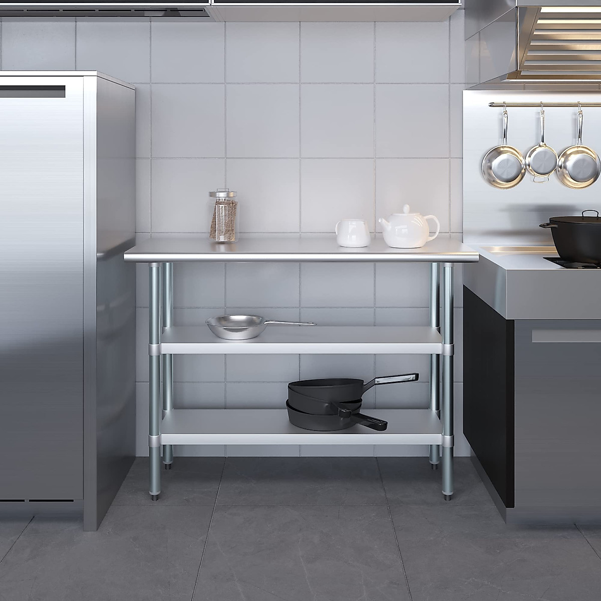 AmGood Stainless Steel Work Table with 2 Shelves | NSF | Metal Utility Table (48" Long x 18" Deep)