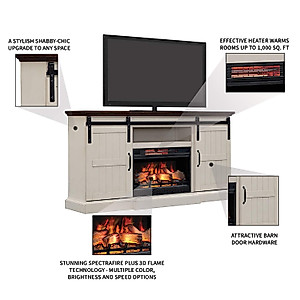 ClassicFlame Hogan 66" Farmhouse Fireplace TV Stand & 26" Electric Infrared Firebox with Log Set - Weathered White, 26MM90273-W476 & 26II042FGL