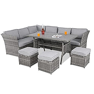 VONZOY 7 Pieces Outdoor Patio Furniture Set PE Wicker Rattan Sectional Conversation Sofa with Dining Table and Chair, Grey