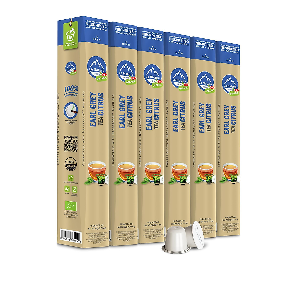 La Natura Organic Earl Grey Hot Nespresso Compatible Original Line Tea Pods - Delicious Black Bergamot Tea Packed in Compostable Capsules - Pack of 60