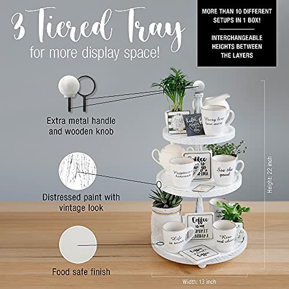 SensaCasa Farmhouse Tiered Tray – 3 Tier Tray – Rustic White Three Tier Tray - Wooden Farmhouse Kitchen Decor – 3 Tier Serving Trays – Wood Round Tiered Stand