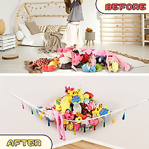 Stuffed Animal Net, Toy Storage Hammock, Premium Plush Hanging Stuff Animals Organizer, Mesh Pet Net with 12pcs Colorful Tassels for Nursery Play Room Bedroom Kid Room(Large, White)