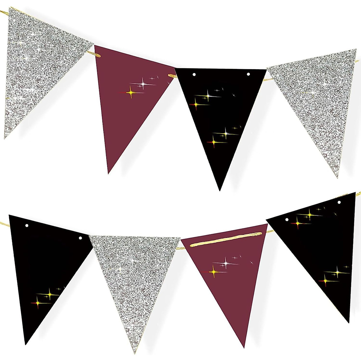 Graduation Decorations Maroon Black 2024/Burgundy Black Graduation Party Decorations/Burgundy Silver Black Triangle Banners 2pcs for Maroon Black Birthday Party Decorations Bridal Shower/Wedding