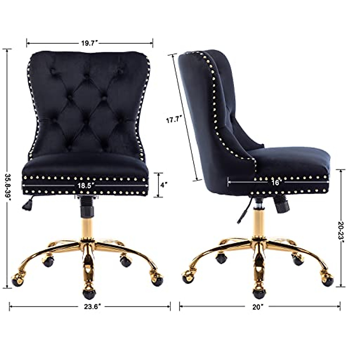 Guyou Black and Gold Vanity Chair Upholstered Velvet Home Office Desk Chair Swivel Desk Chair with Tufted Buttons for Bedroom (Black)