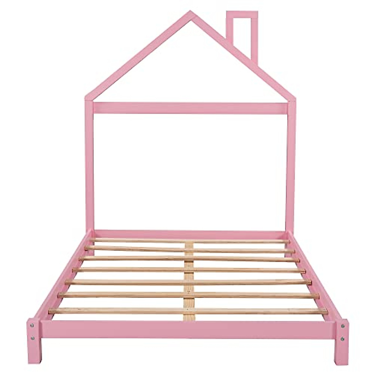 CKLMMC Full Size Wood Platform Bed with House-Shaped Headboard, Unique Platform Bed for Kids Boys Girls Bedroom, No Box Spring Required (Pink/House-B)