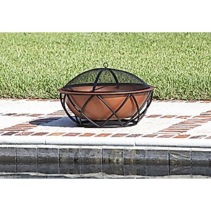 Fire Sense 62241 Fire Pit Barzelonia Copper-Look Wood Burning Lightweight Portable Outdoor Firepit Backyard Fireplace Camping Bonfire Included Screen Lift Tool & Cooking Grate - Round - 26"