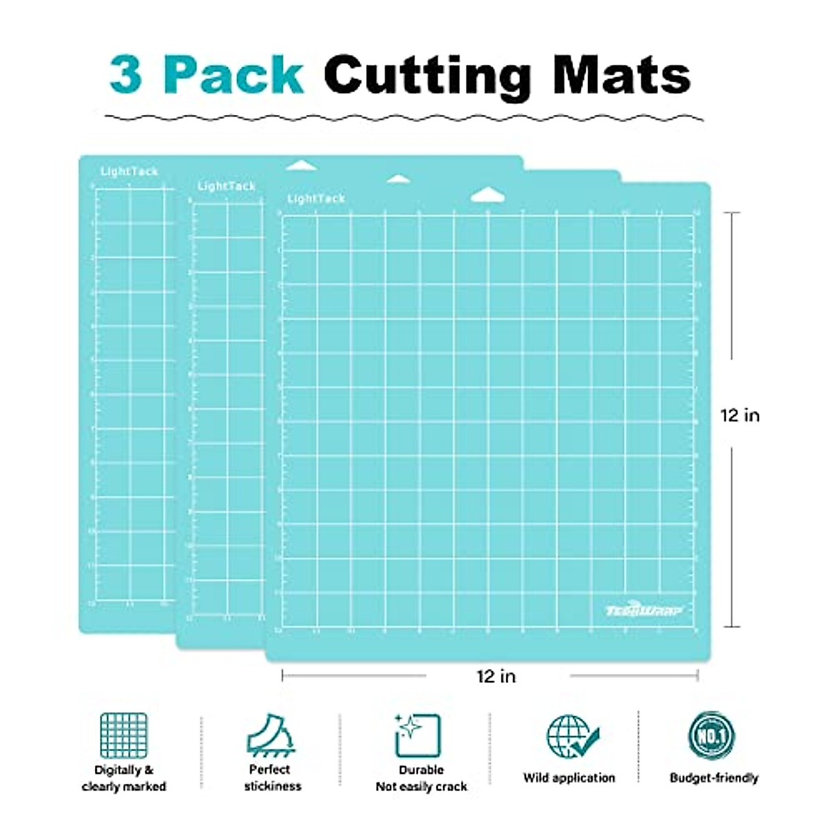 TECKWRAP Light Grip Adhesive Cutting Mat 3 Pack 12"x12" - For Explore/Maker/Silhouette Cameo4 with 1 Squeegee Vinyl Scraper Quilting Cut Mats Replacement for Arts & Crafts Projects - Blue