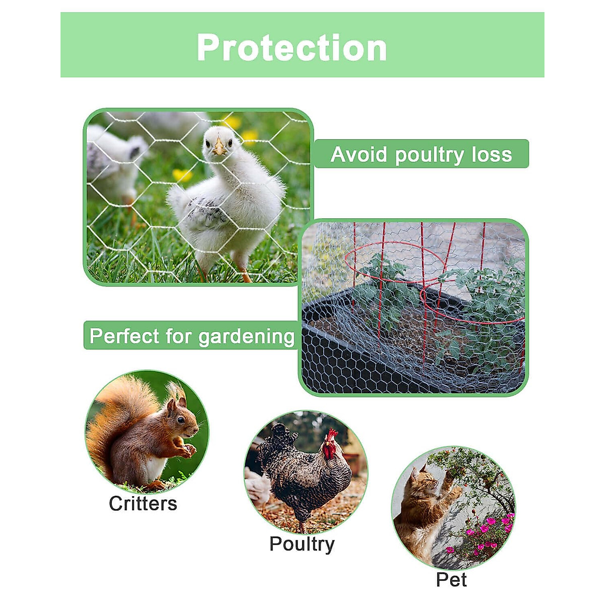 Garden Poultry Chicken Wire Netting - 13.7 '' × 157 '' Garden Fence Animal Barrier, Chicken Wire for Crafts, 1 inch Mesh Poultry Netting Fence, Pet/Rabbit/Chicken Wire Fencing