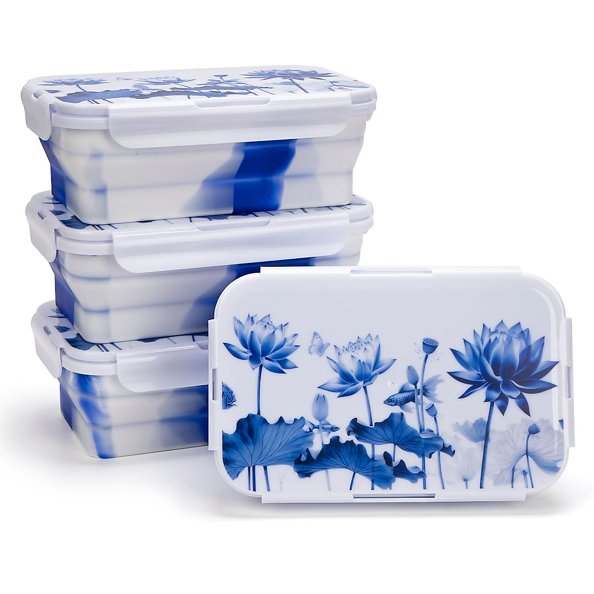 Annaklin Collapsible Food Storage Containers with Lids in Blue and White Porcelain China Style, 48oz, 4 Pack, Stackable Silicone Containers for Food Lunch, Microwave Freezer Dishwasher Safe, White