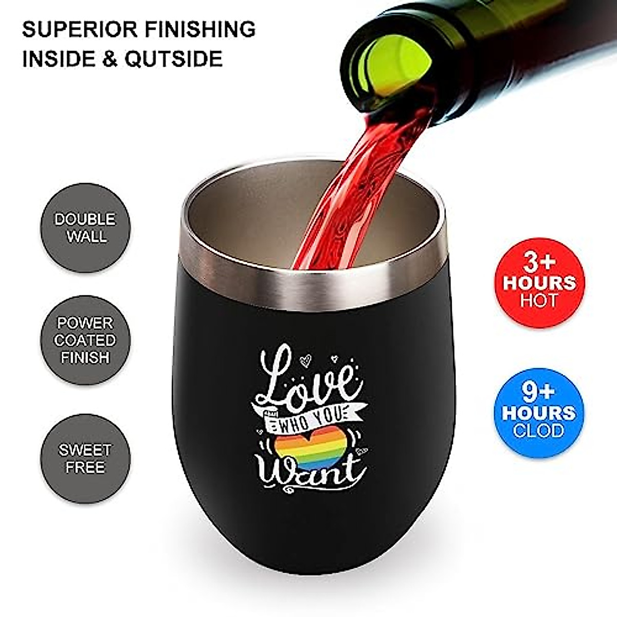 Mighun Love Who Your Want Wine Tumbler with Lid, Pansexual Bisexual LGBTQ Vacuum Coffee Tumbler, Gay Pride Stemless Insulated Wine Glasses Cup for Champaign, Cocktail, Beer