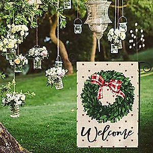 AVOIN colorlife Valentines Day Mothers Day Garden Flag 12x18 Inch Double Sided, Welcome Boxwood Wreath Bow Anniversary Yard Outdoor Flag