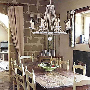 TPMAFF Vintage Chandelier Boho Style Wagon Wheel Chandelier, Shabby Chic Antique White Chandelier, Crystal Hanging Beads and Spa